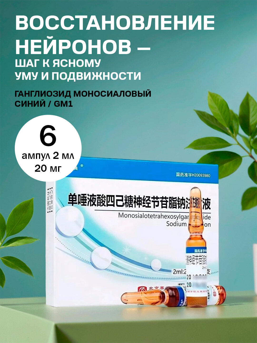 Ганглиозид моносиаловый синий / Monosialotetrahexosylganglioside Sodium Injection Pinyin 6 шт по 2 мл 20 мг