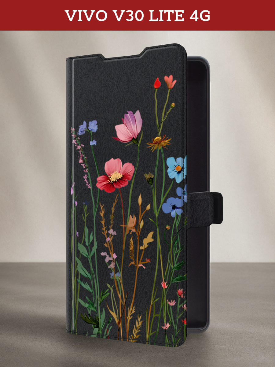 Чехол-книжка на Vivo V30 lite 4G/Y100 4G/T3 5G/V30 SE 5G/Y200E 5G / Виво V30 Лайт 4G с принтом Высокие цветы, черный