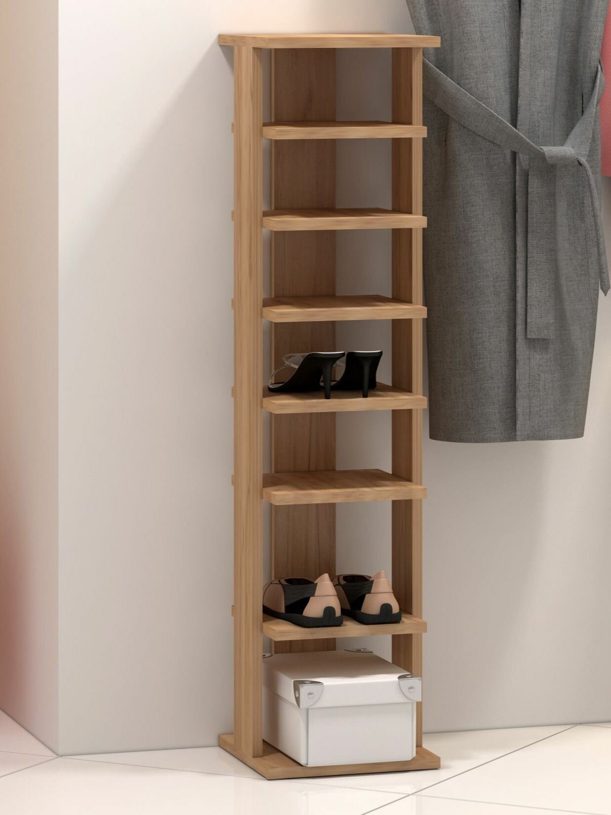 Тумба для обуви Лаки тип 7, Обувница узкая, Этажерка, 27х27х110 (Дуб Крафт Золотой)