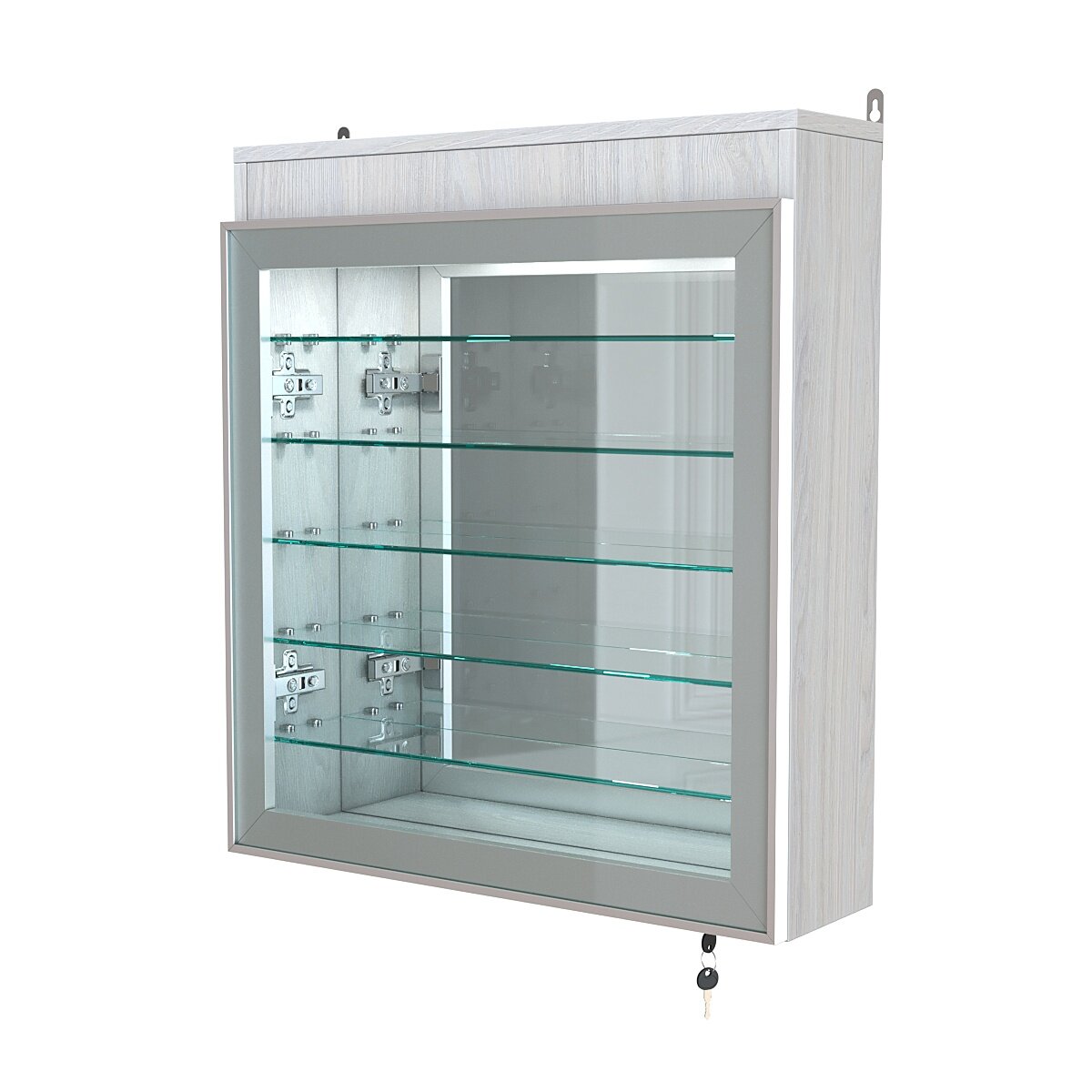 Витрина настенная №1-8А с пятью полками, подсветкой и зеркалом серии Collecto, Ясень Анкор светлый