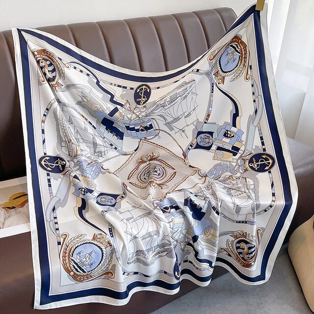 Новый шарф с принтом парусника 90 см, большой квадратный шарф, саржевый шелковый платок, солнцезащитная шаль для женщин, шарфы, роскошный брендовый дизайнер