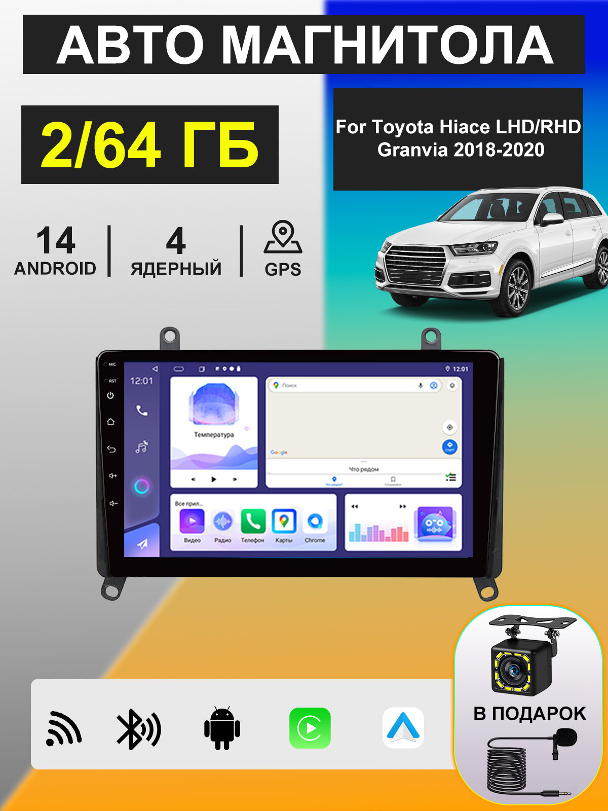 2din 9-дюймовый автомагнитола для Toyota Granvia 2018-2020