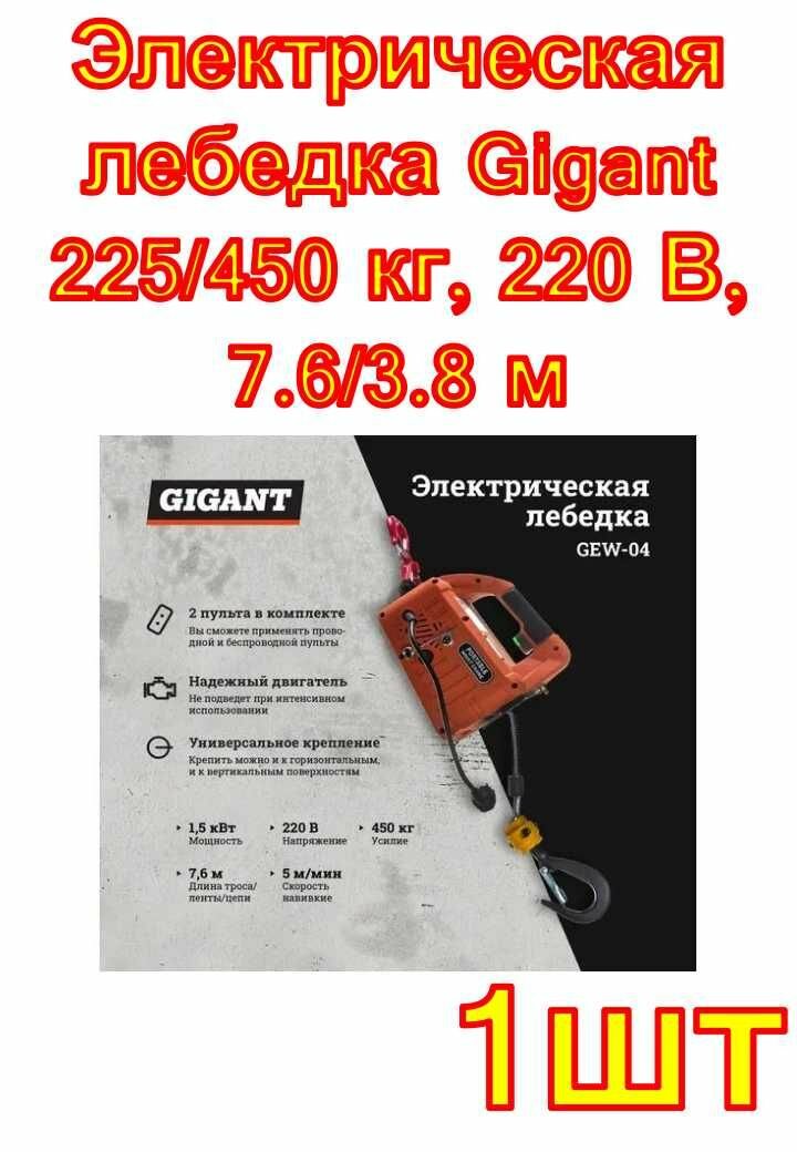 Электрическая лебедка Gigant 225/450 кг, 220 В, 7.6/3.8 м, Диаметр троса 6мм