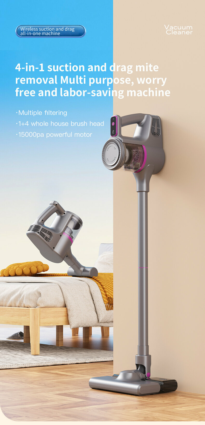 [Новогодняя распродажа]Беспроводной вертикальный пылесос-швабра 4-в-1, 15000 Па, автомобильный, серый/белый