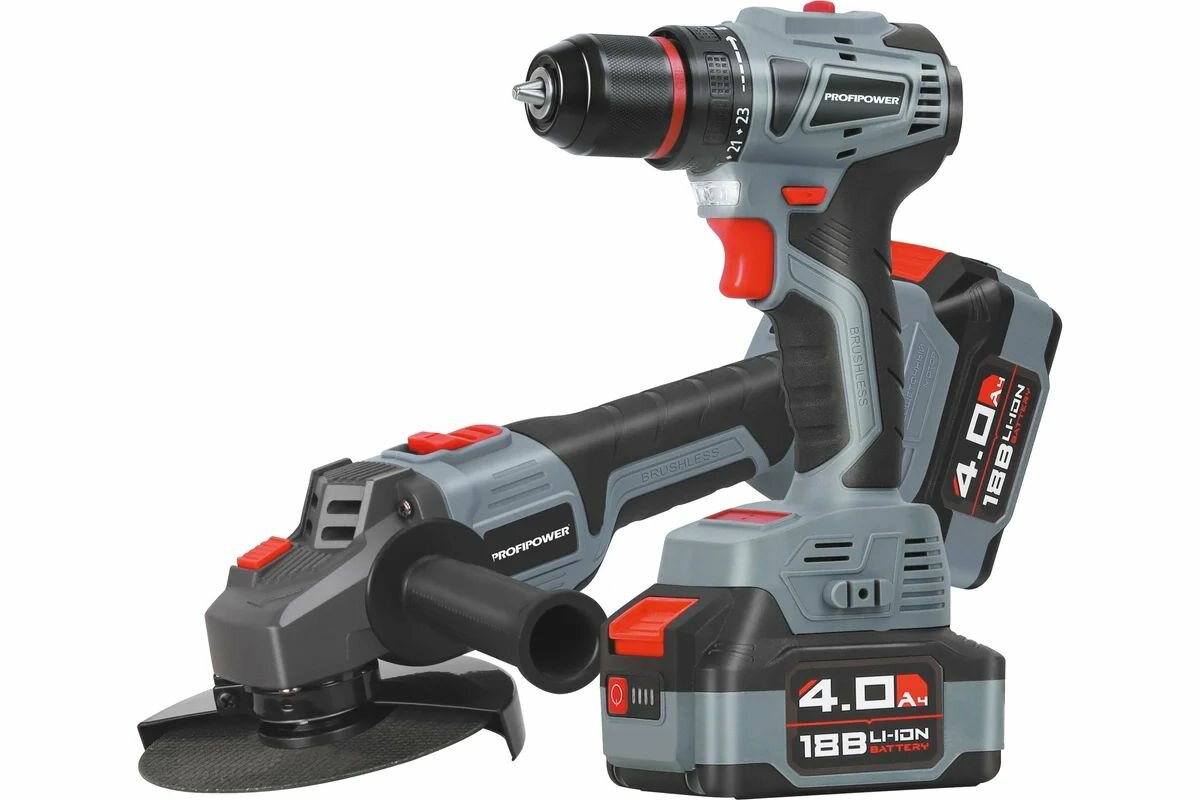 Аккумуляторный бесщеточный набор 2в1 Profipower Тип-2 УШМ MKDGA-18V, шуруповерт MKBL-18B, Li-ion-2шт 18В, 4.0Ач, З/У E0220