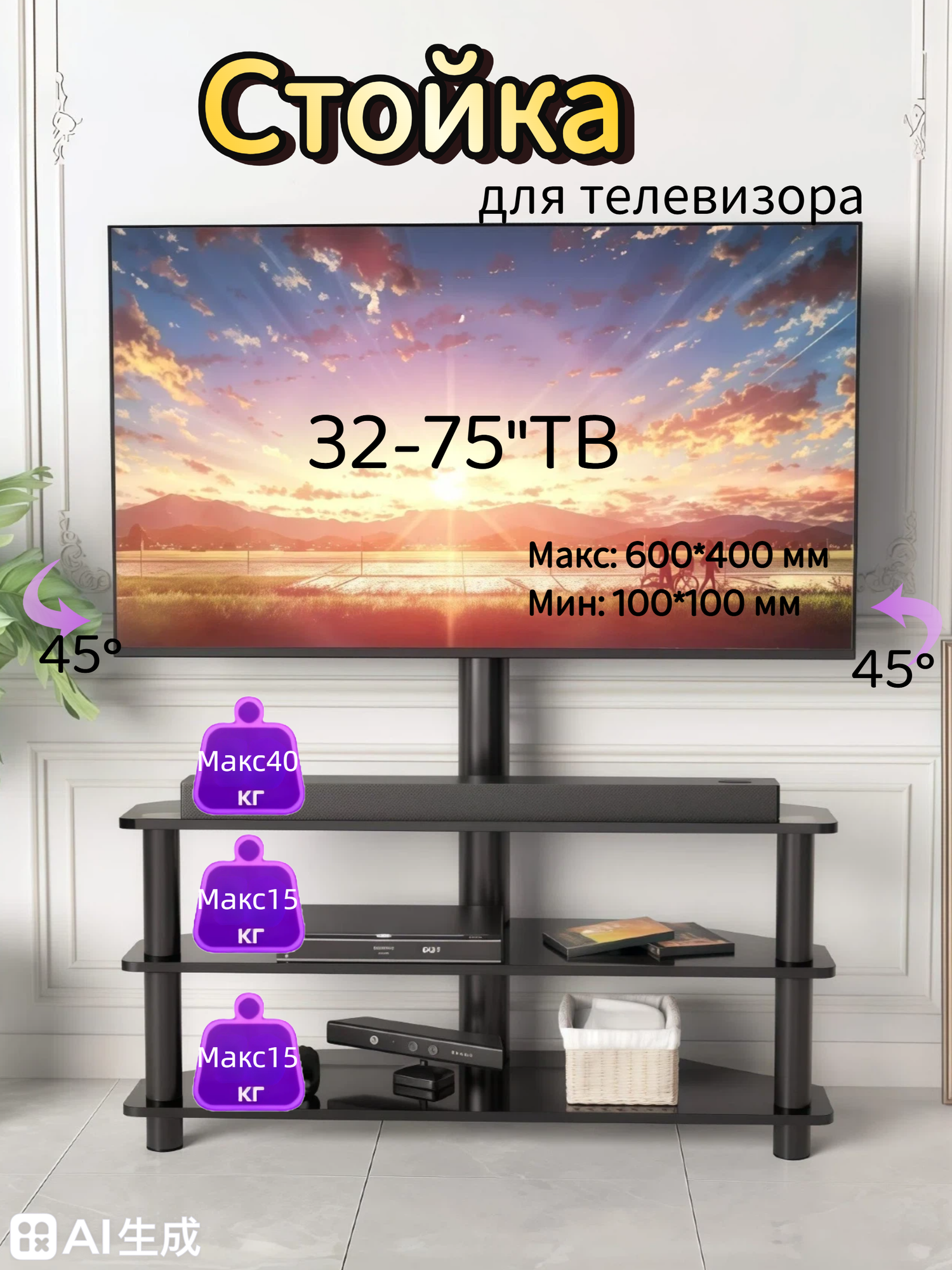 Стойка для телевизора 32-75″, регулируемая по высоте и углу, со стеклянными полками, Для гостиной, спальни, офиса