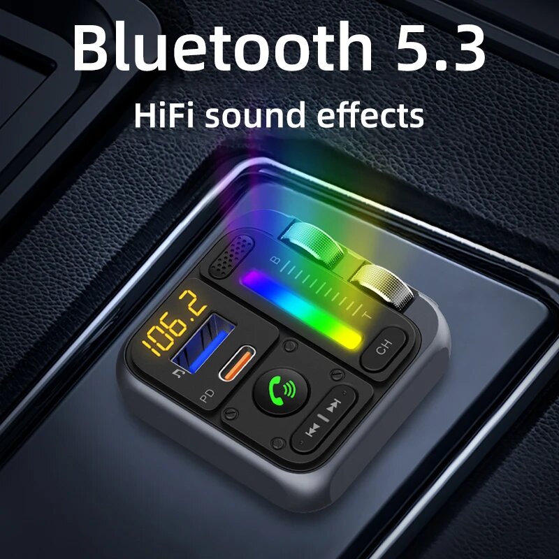FM-трансмиттер автомобильный с поддержкой Bluetooth 5,3, 42 Вт, PD30W, Черный