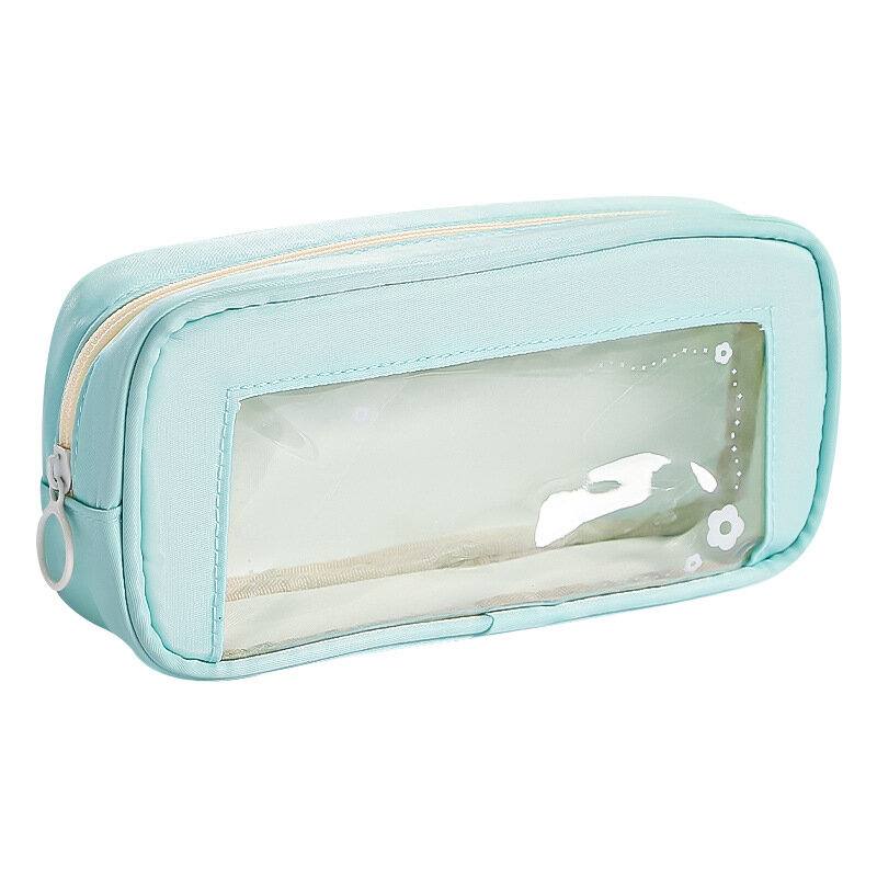 Модный пенал в японском стиле с прозрачным окошком, вместительный чехол для ручек на молнии, эстетичный органайзер для школьных канцелярских принадлежностей для подростков, учеников средних и старших классов, мятно-зелёный