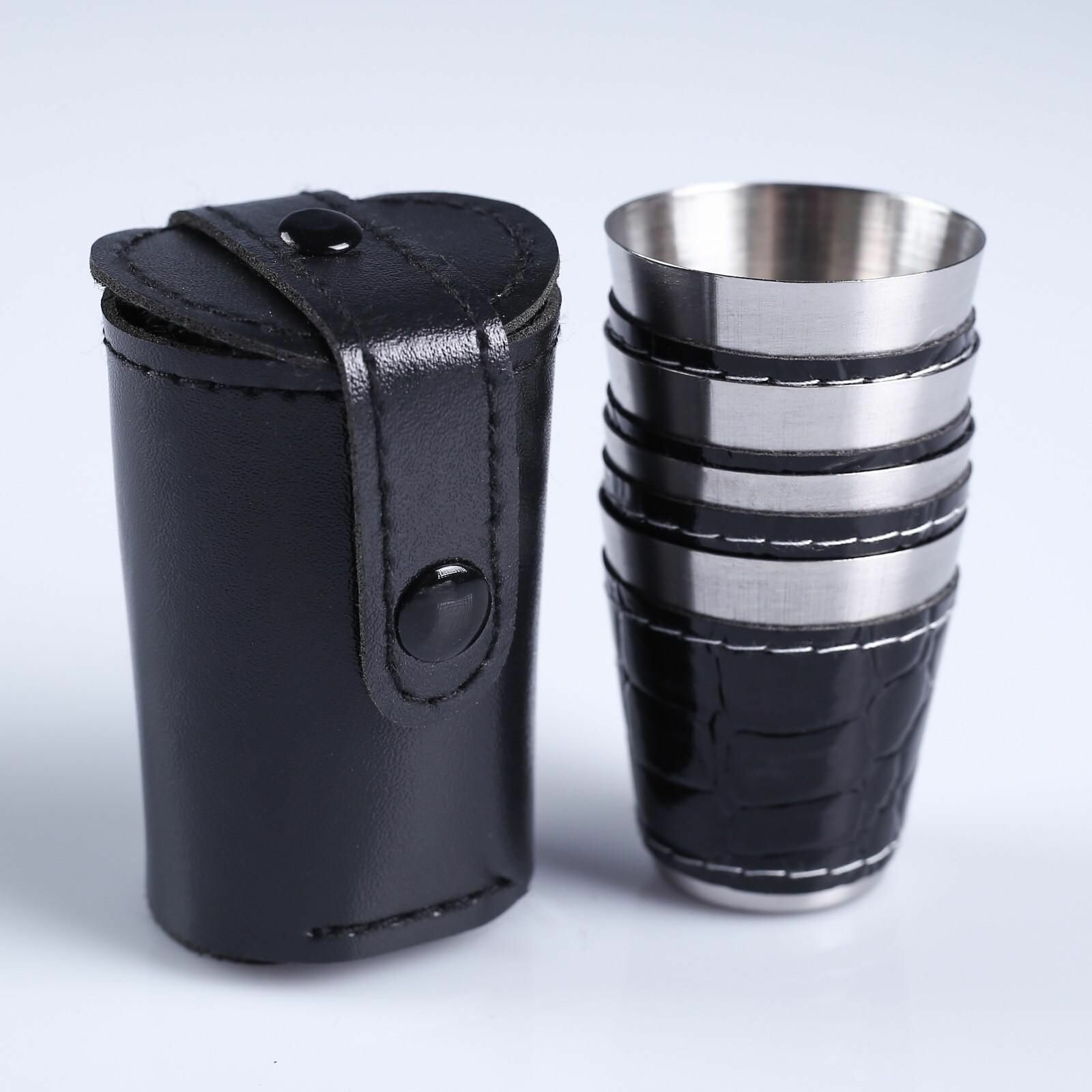 Набор стопок, 30 мл, 4 шт, 4 х 3.5 см, нержавеющая сталь, экокожа, чёрный