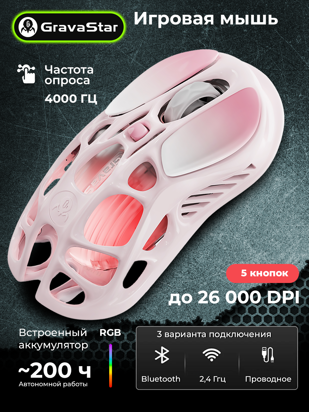 Беспроводная игровая мышь GravaStar Mercury M1 Pro Special Edition - Sakura Pink, с RGB подсветкой