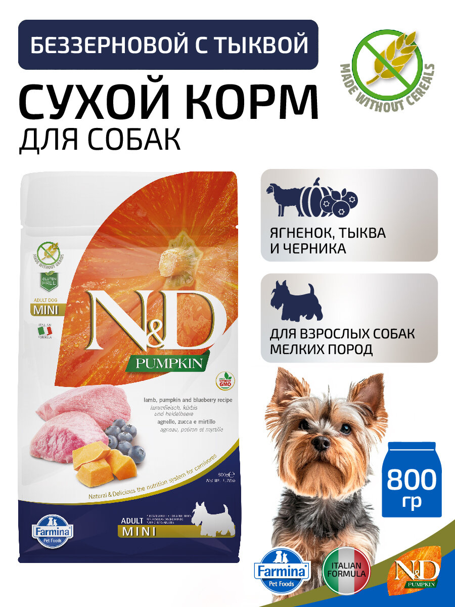 Сухой беззерновой корм для собак мелких пород Farmina N&D Pumpkin Dog Mini, с ягненком, черникой и тыквой, 800 гр
