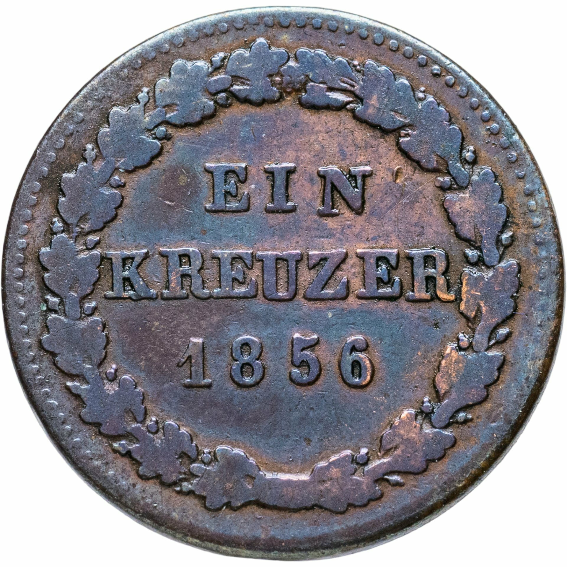 Германия, Нассау 1 крейцер 1856, Медь, в сохранности F-VF