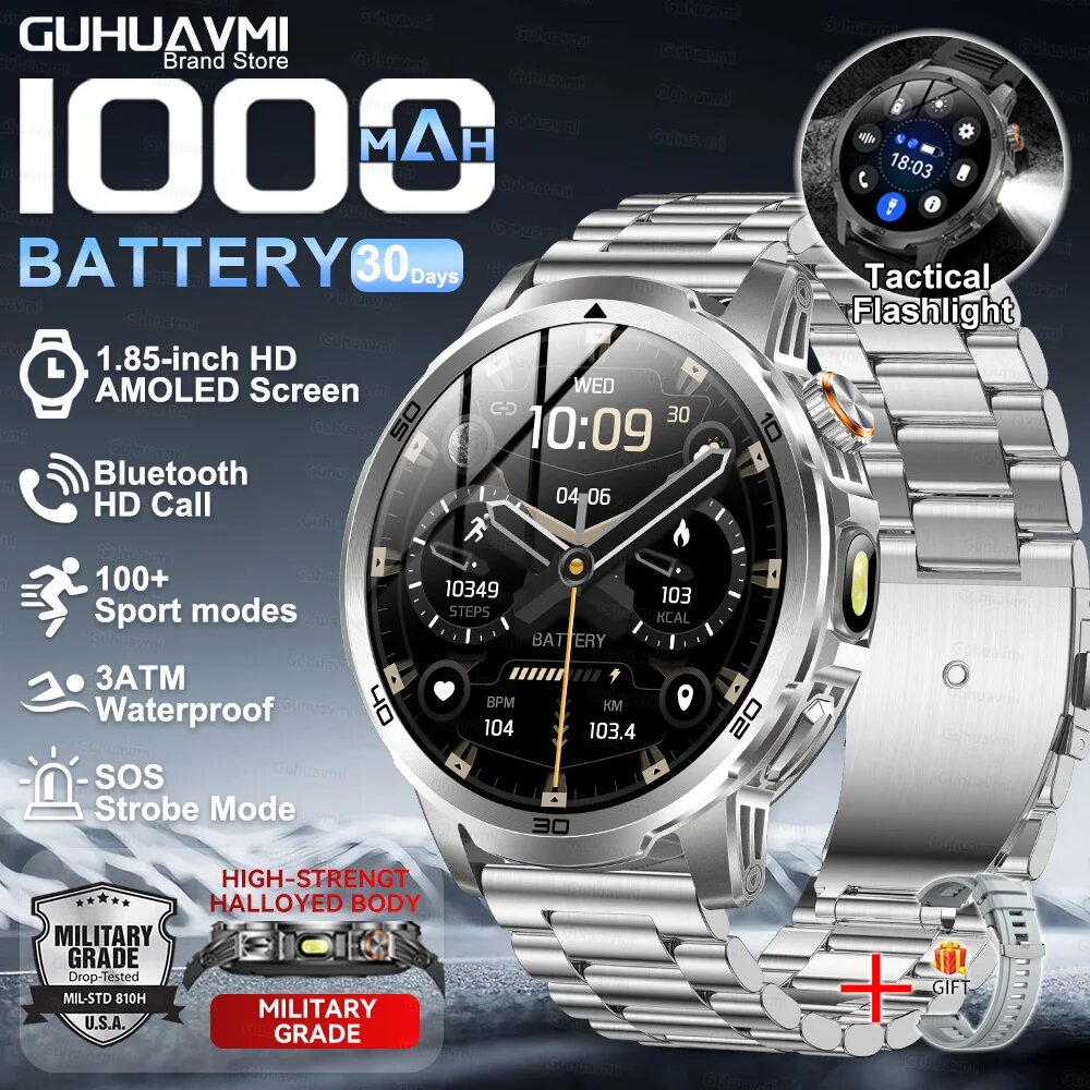 Умные часы GUHUAVMI Military Grade, Silver Steel, 1.85"