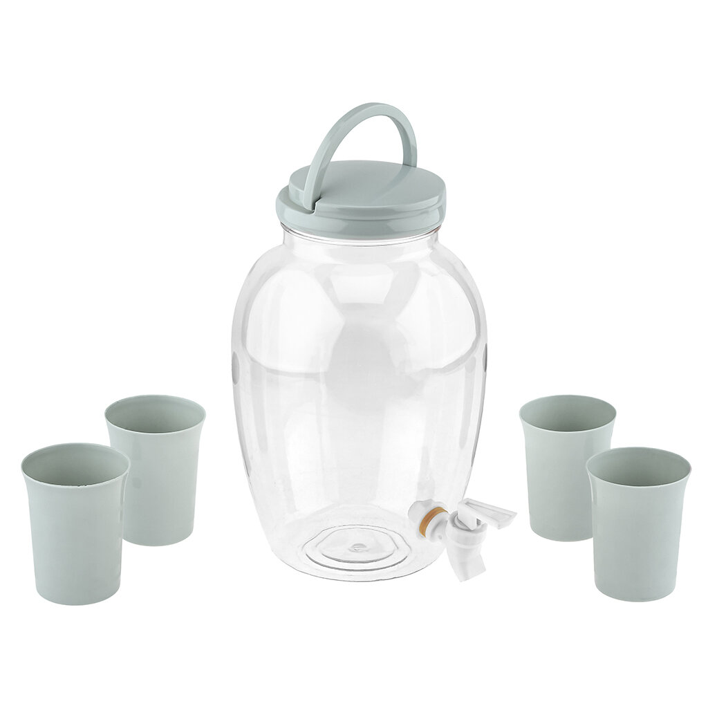 Лимонадник пластмассовый КНР пластмассовый "Амфора", 4,75 л, противоударный, диаметр 17 см, высота 28 см, д горловины 10,2 см, с краником, пластмассовая винтовая крышка с ручкой, стакан 250 мл