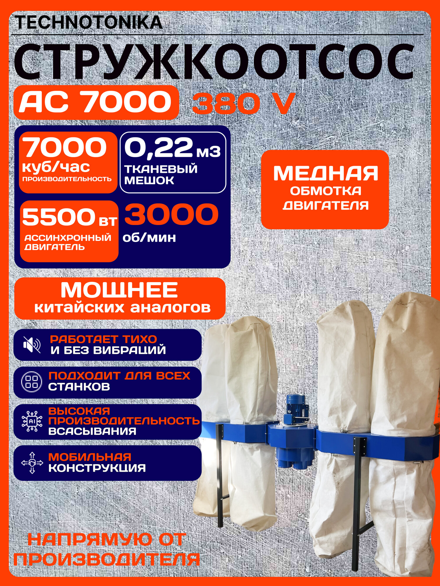 Стружкоотсос (вытяжная установка) TECHNOTONIKA АС-7000, 5,5 кВт, 380v