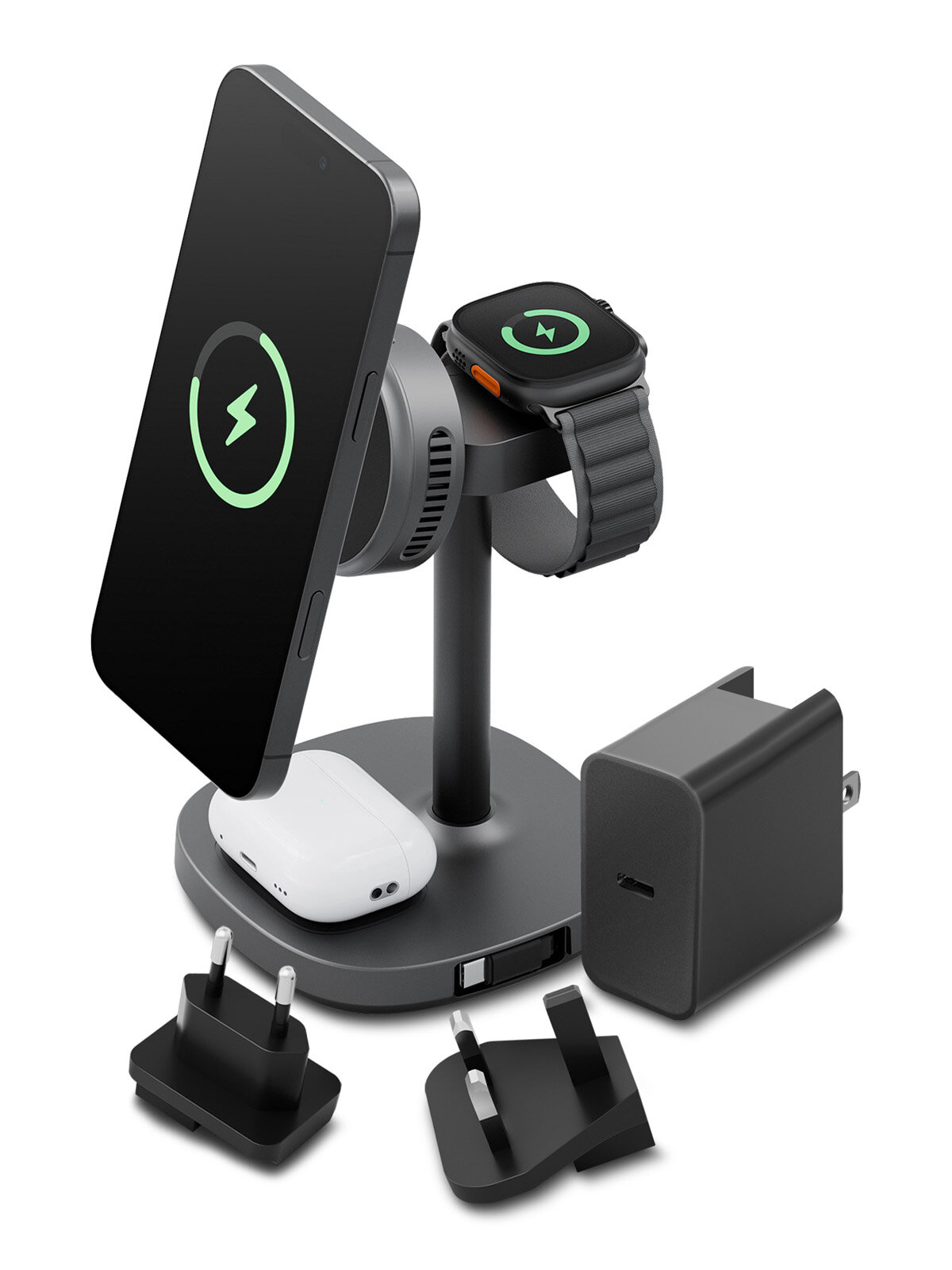 Беспроводная зарядная док-станция EnergEA MagArctic 4-в-1 для зарядки Apple Watch, iPhone, AirPods, с функцией охлаждения, с кабелем USB-C, блоком питания 65W, темно-серая