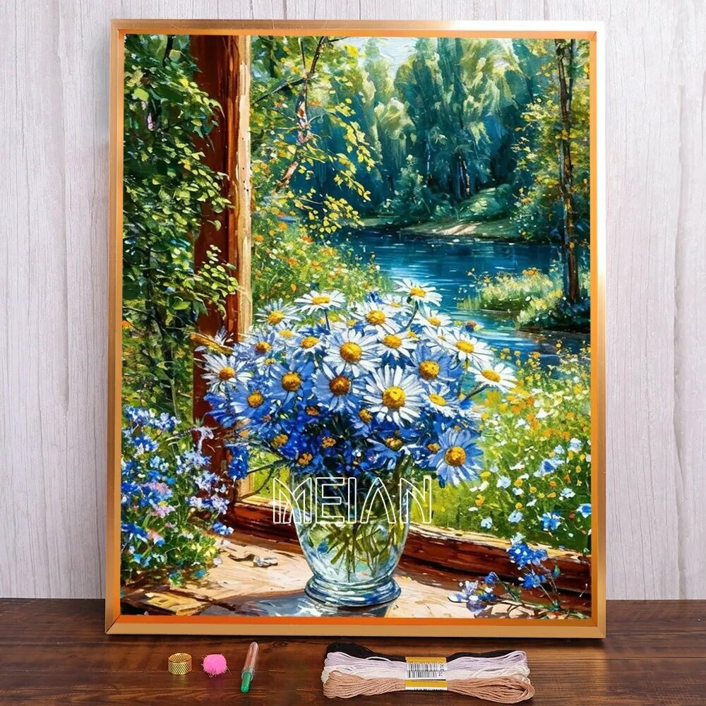 MEIAN Крестный комплект стежка,30x40CM,14CT, Букет хризантема у окна