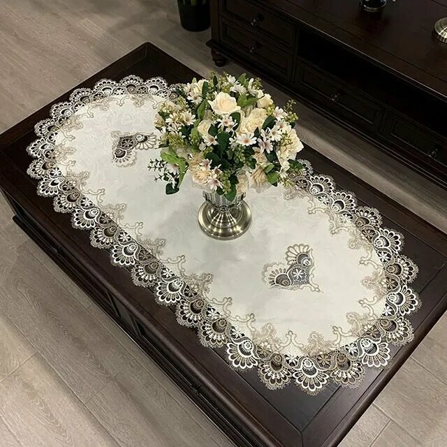 Дорожка для стола Кружево 60x120см, овальная дорожка из кружева, серебристо-серый цвет, 120 на 60 см