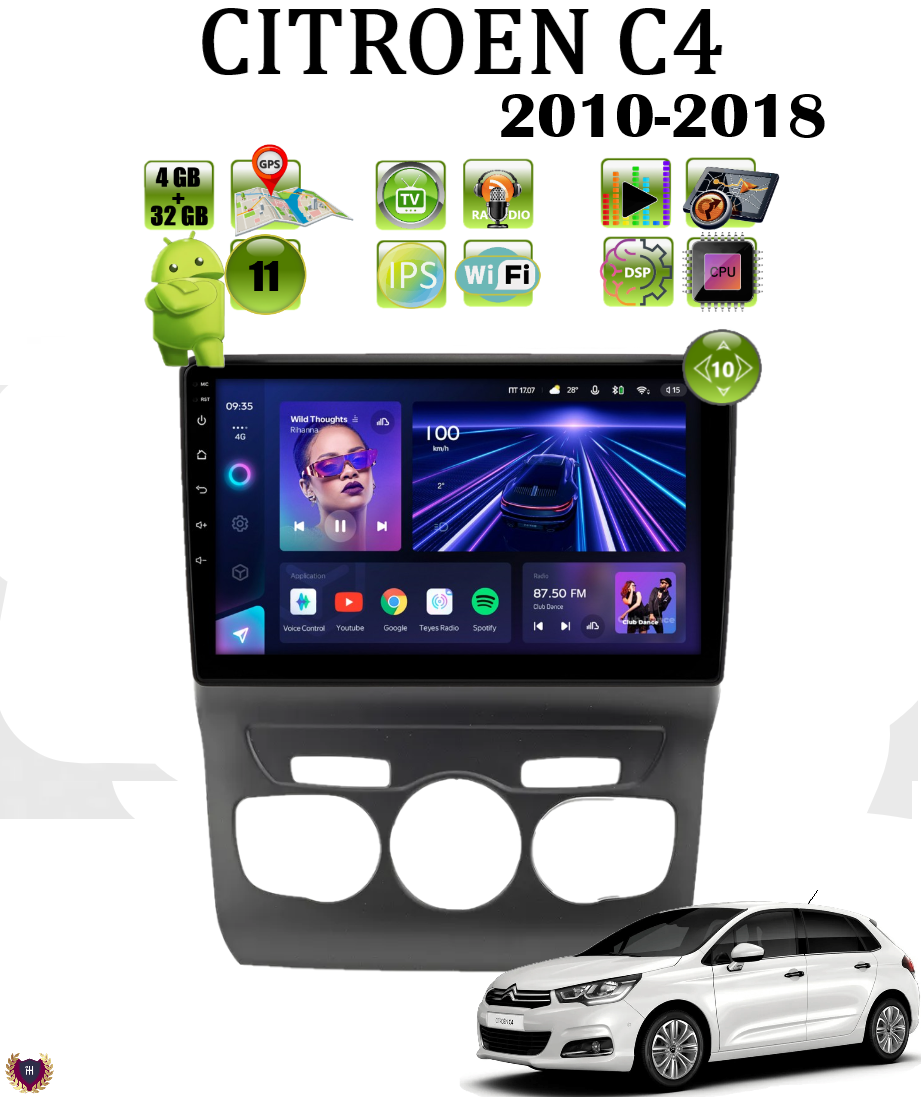 Автомагнитола для Citroen C4/Ситроен С4 (2010-2018), Android 11, 4/32 GB, Bluetooth, WiFi, CarPlay, GPS, поддержка кнопок на руле