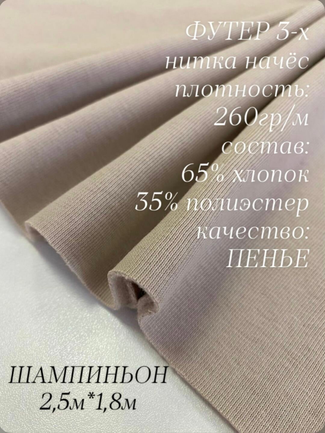 Футер облегченный трехнитка с начесом Шампиньон 2,5м, качество компакт пенье
