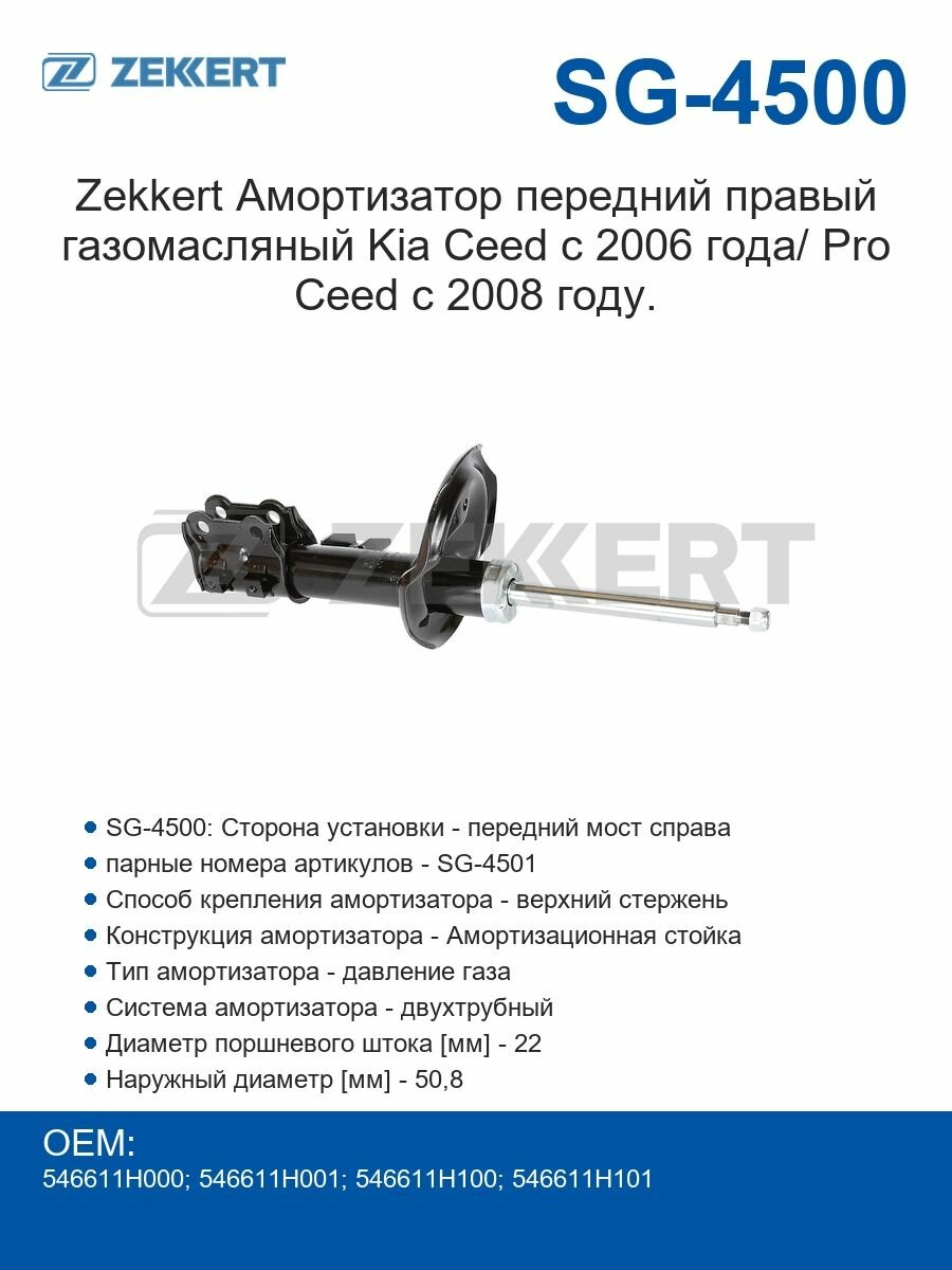 Zekkert Амортизатор передний правый газомасляный Kia Ceed с 2006 года/ Pro Ceed с 2008 году.