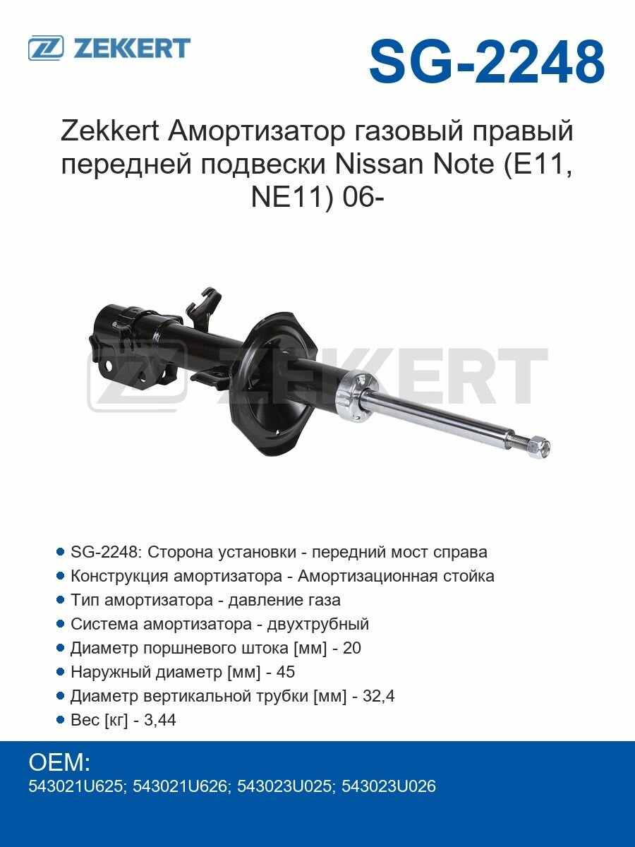 Zekkert Амортизатор газовый правый передней подвески Nissan Note (E11, NE11) 06-