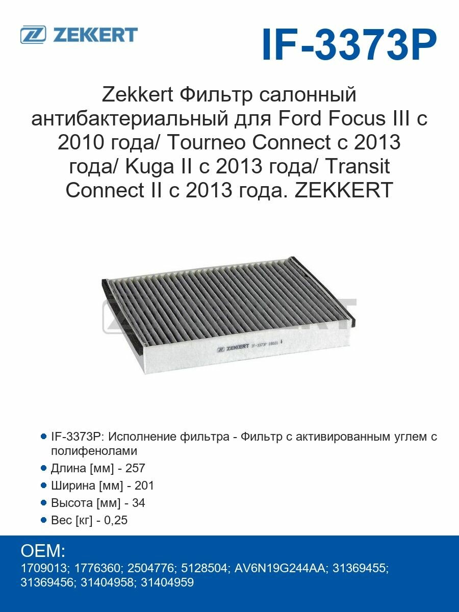 Zekkert Фильтр салонный антибактериальный для Ford Focus III с 2010 года/ Tourneo Connect с 2013 года/ Kuga II с 2013 года/ Transit Connect II с 2013 года. ZEKKERT