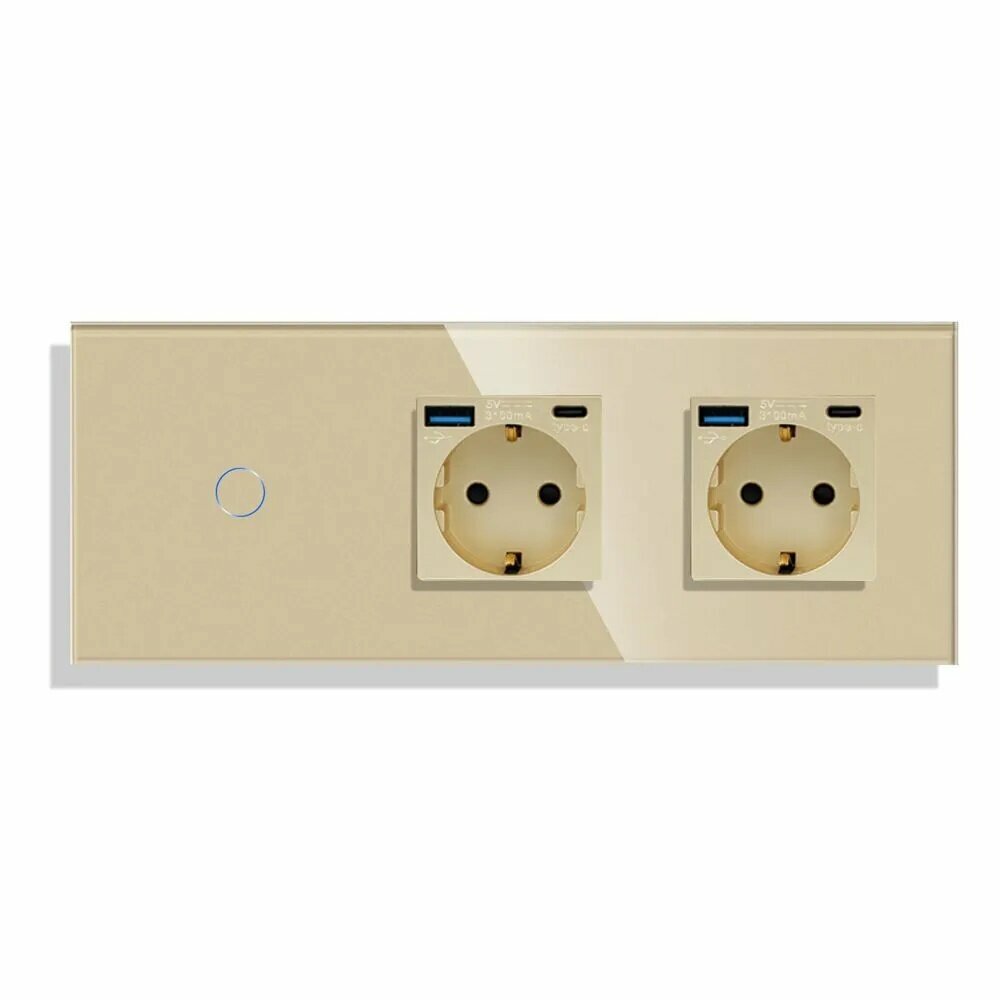 Сенсорный выключатель с двумя розетками с USB и type-C ,1 клавиша 2 розетки, панель стекло золотая,228mm