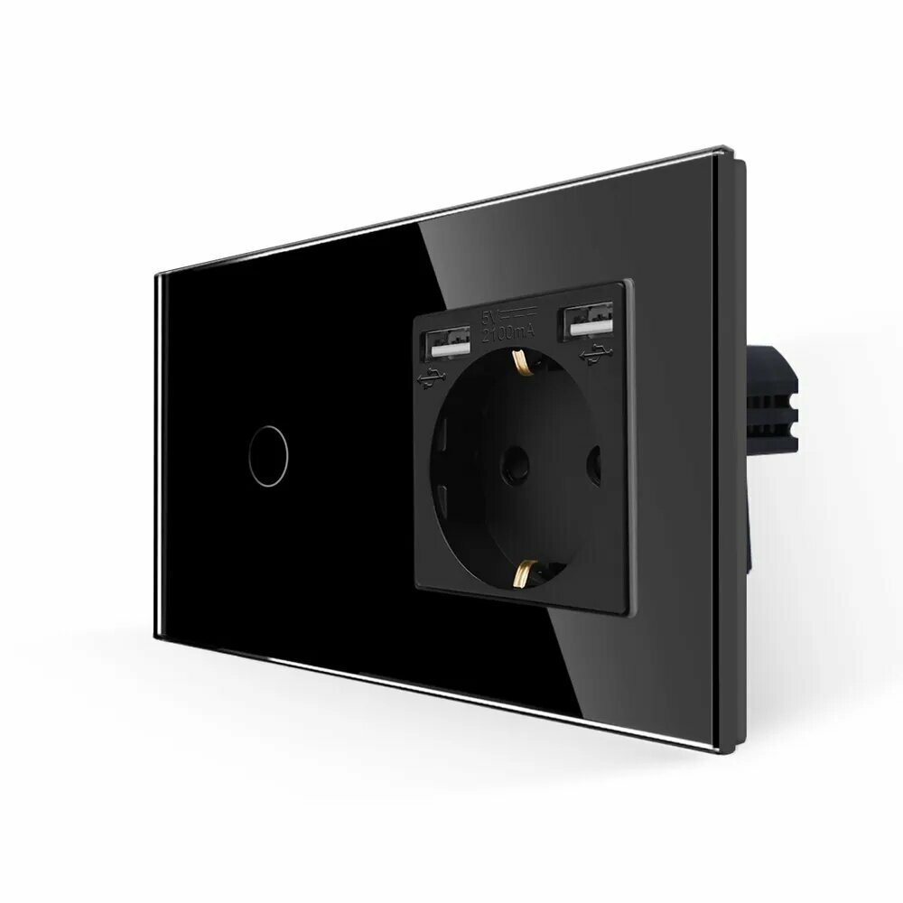 Сенсорный выключатель с розеткой и 2-мя USB, 1 клавиша 1 розетка 2 порта USB, панель стекло Черная