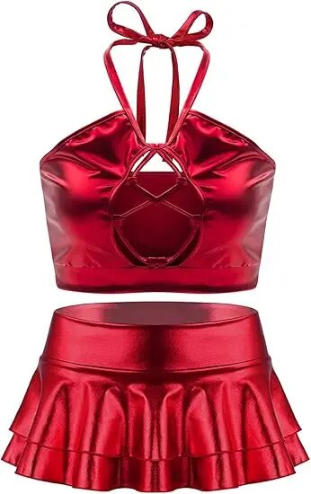 Женские комплекты одежды Rave для фестивалей, комплект из 2 предметов, металлические топы, юбка для вечеринки, клуба, голографический блестящий металлический костюм для сцены, Cos