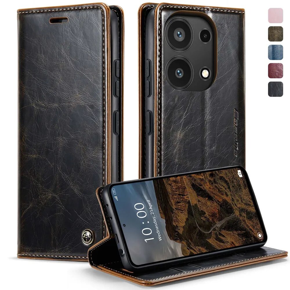 CaseMe Кожаный книжка чехол для Xiaomi Redmi Note 13 Pro 4G / Mi POCO M6 Pro 4G /Поко M6 Про и Редми Нот 13 Про 4G с визитницей из экокожи