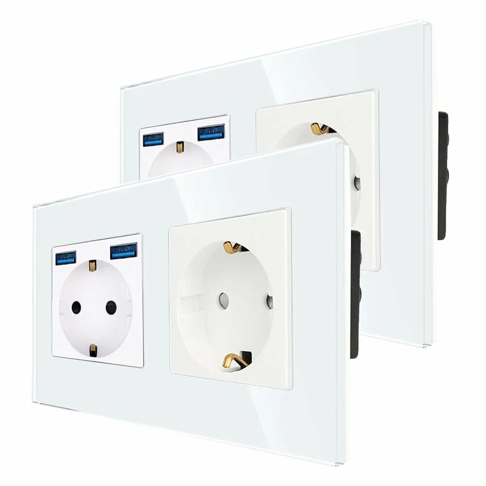 Розетка двойная 2 поста с 2 USB-портами, 16А 250В, с заземлением, цвет белый,2шт.