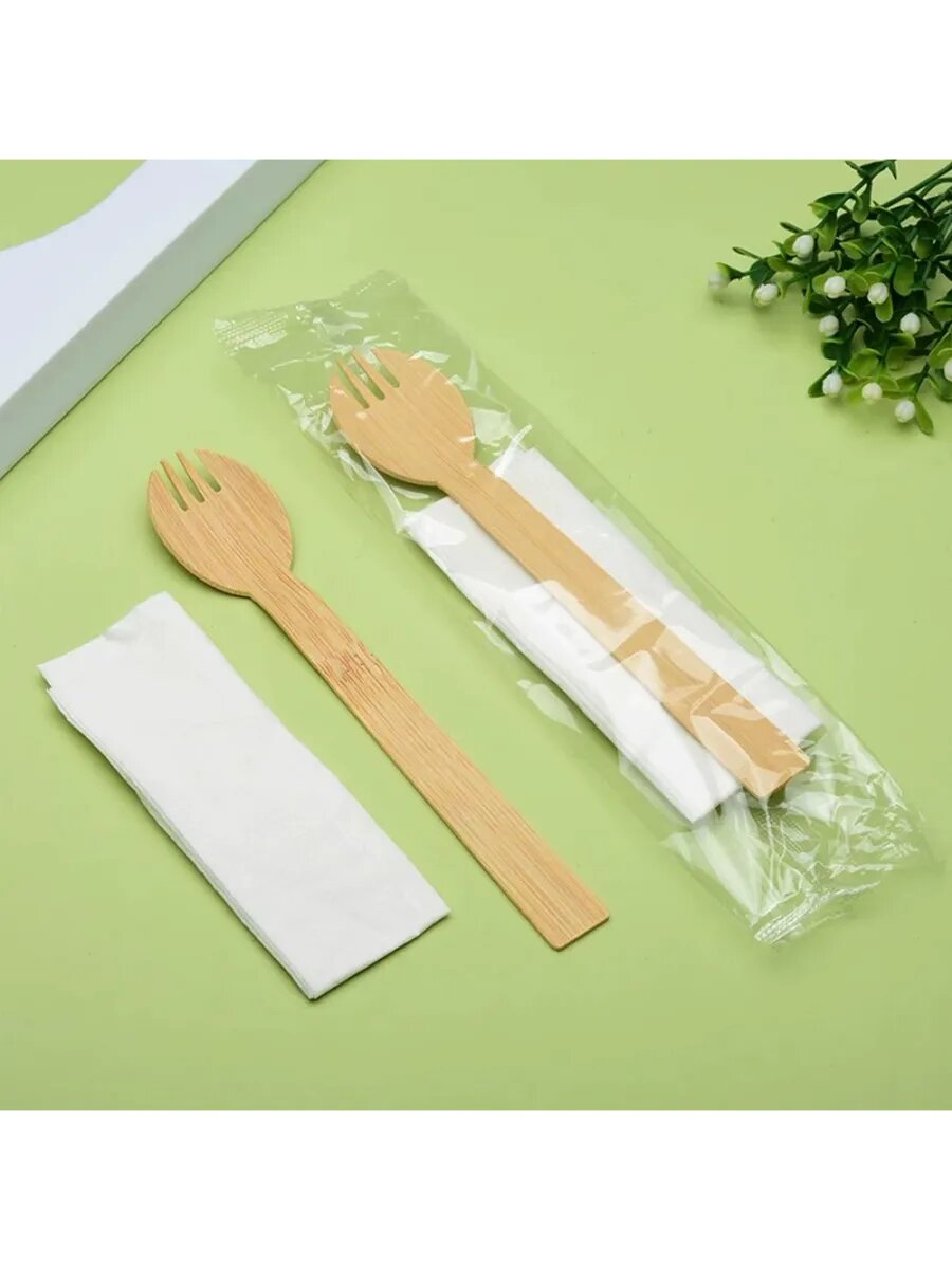 Бамбуковая ложка-вилка (200 штук — с полотенцем)