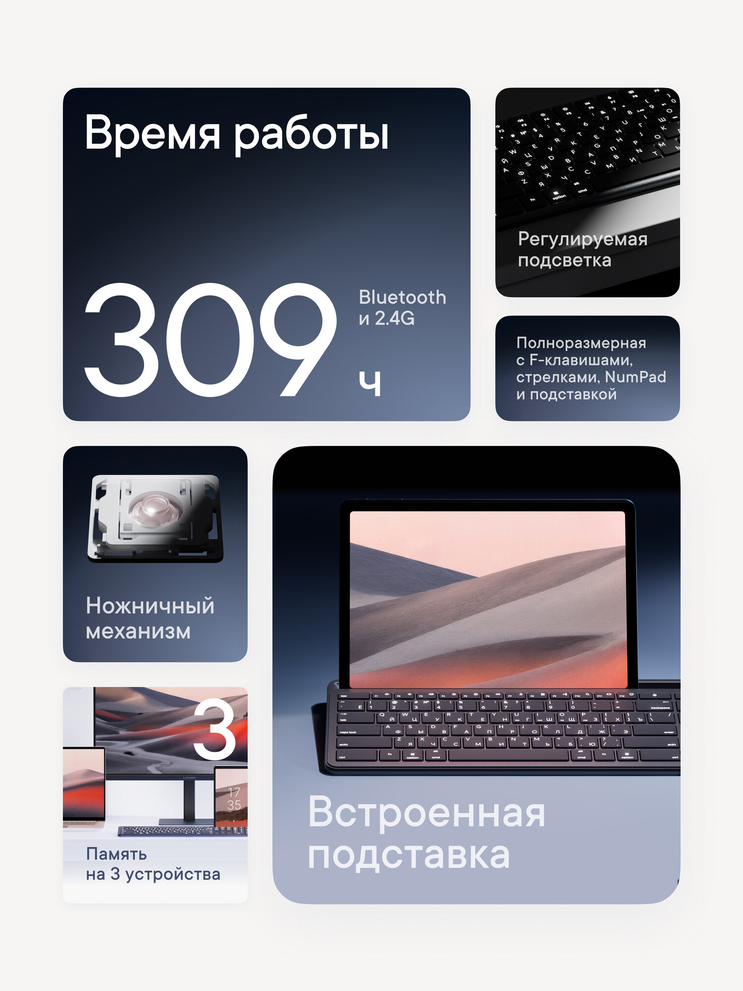 Клавиатура Lunnen Work L Pad LCAKB04 беспроводная, ножничная, 110 клавиш, BT/2.4 ГГц, подставка под гаджеты, Space Black — фото 1