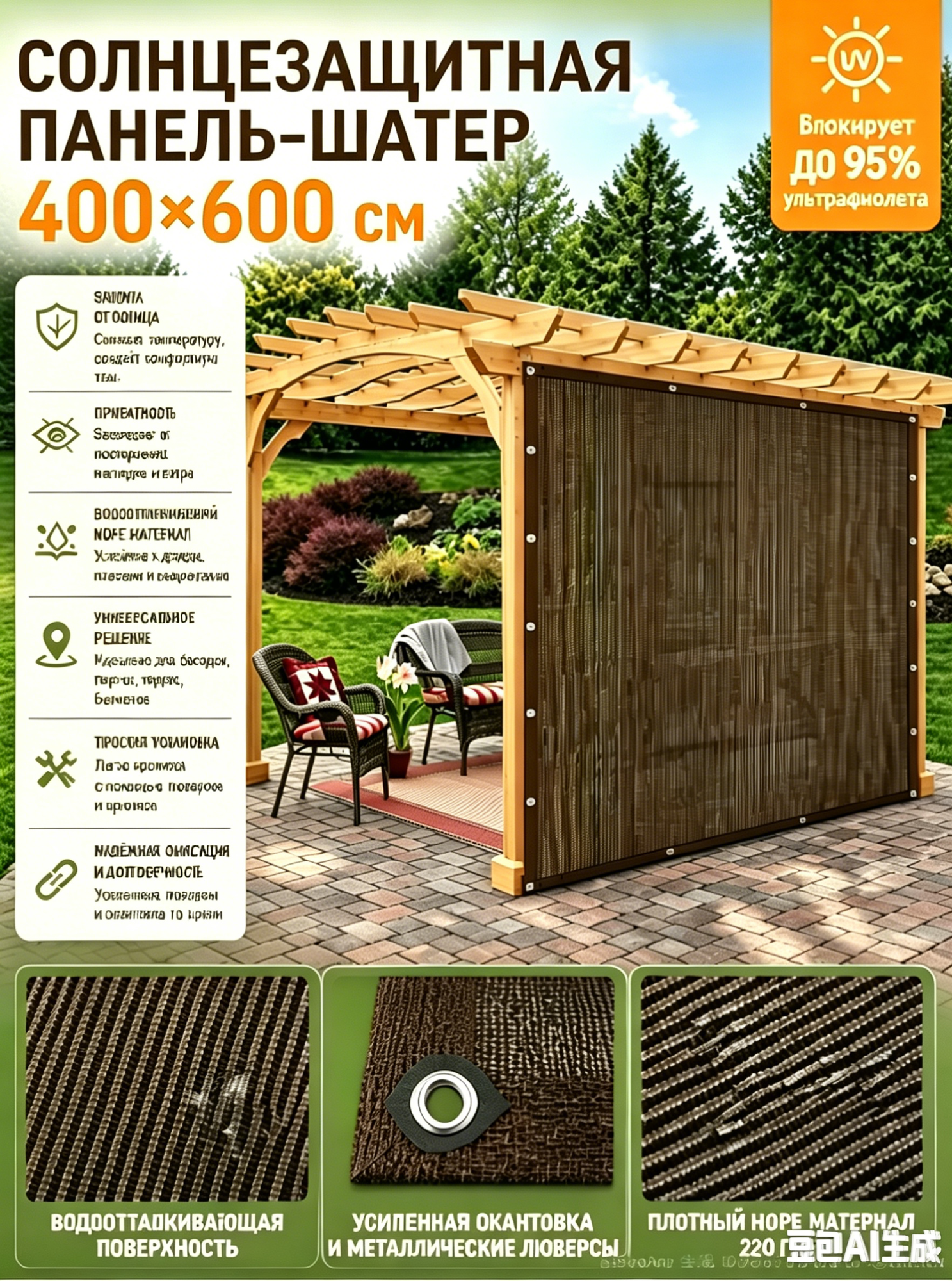 Тент для наружного павильона 400×600 см, предназначенный для защиты от солнца и обеспечения уединения