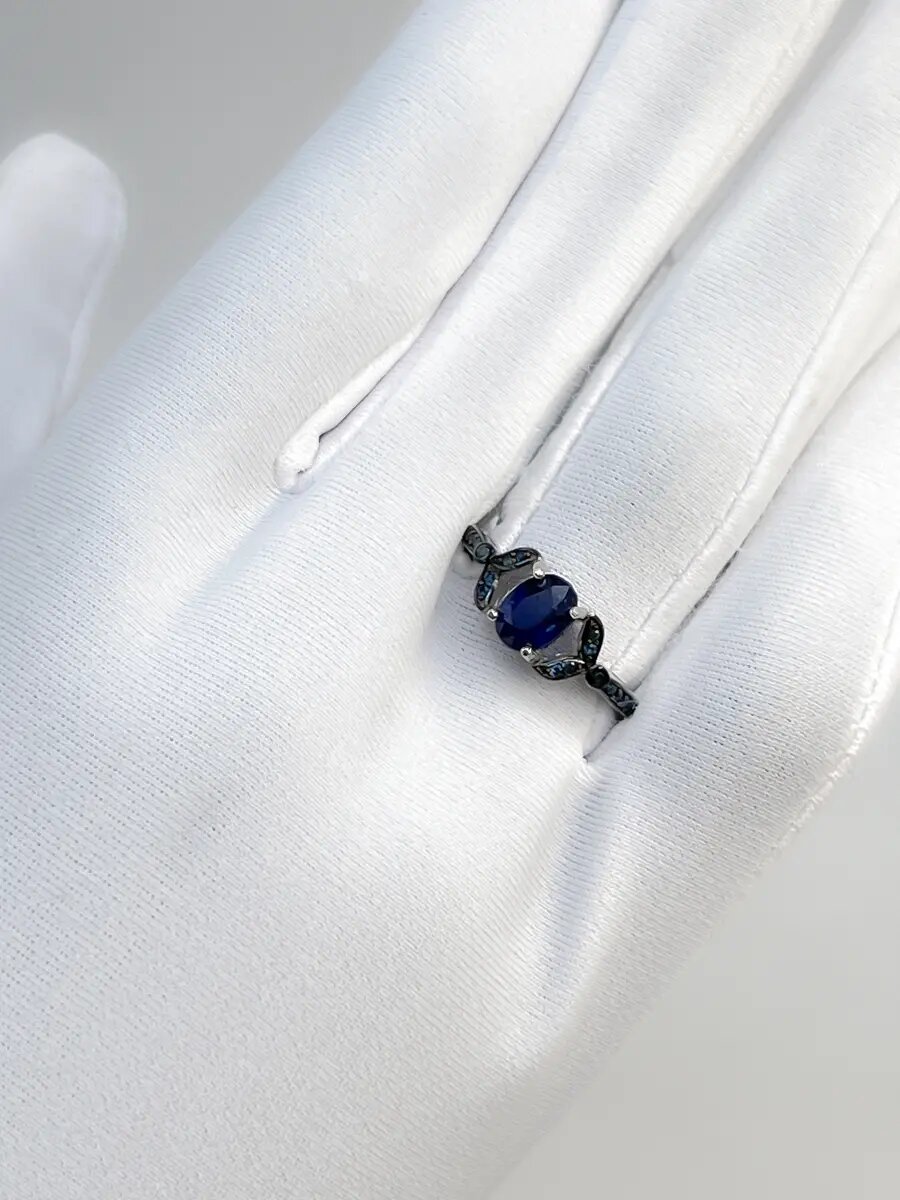 Кольцо, серебро, 925 проба, чернение, родирование, сапфир
