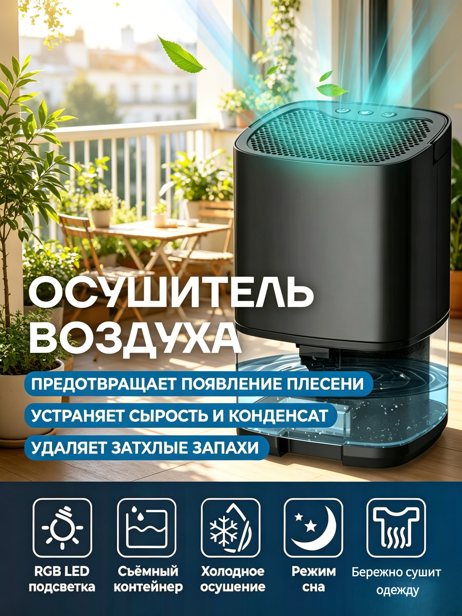 Осушитель воздуха от плесени и сырости, 2 режима, 1 л, черный
