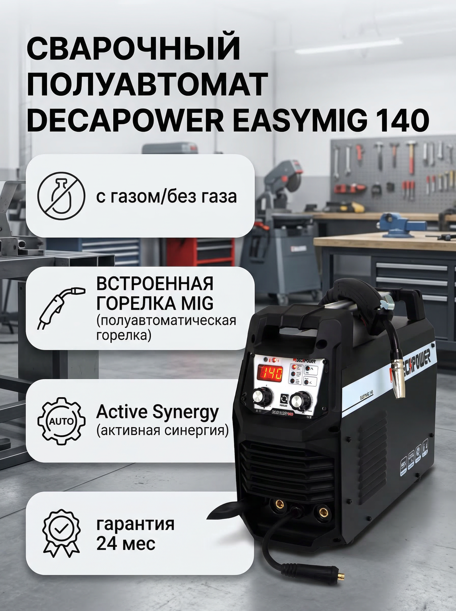 Сварочный полуавтомат DECAPOWER EASYMIG 140, с газом/без газа 4в1 MIG/FLUX/ММА/LIFT TIG, встроенная горелка