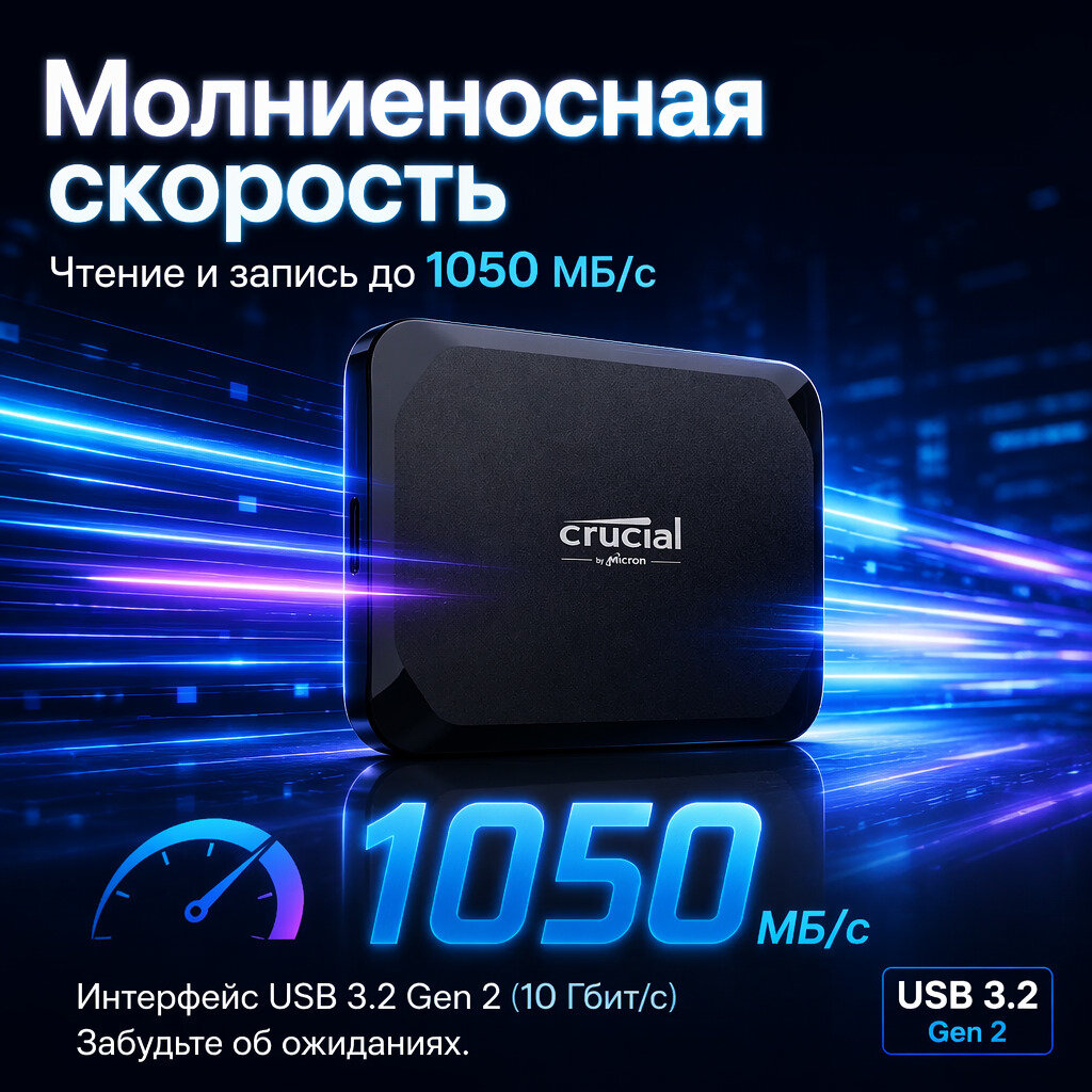 SSD мобильный твердотельный накопитель Crucial X9 1 ТБ черный 1050 МБ/с USB3.2 Gen-2 (CT1000X9SSD902)