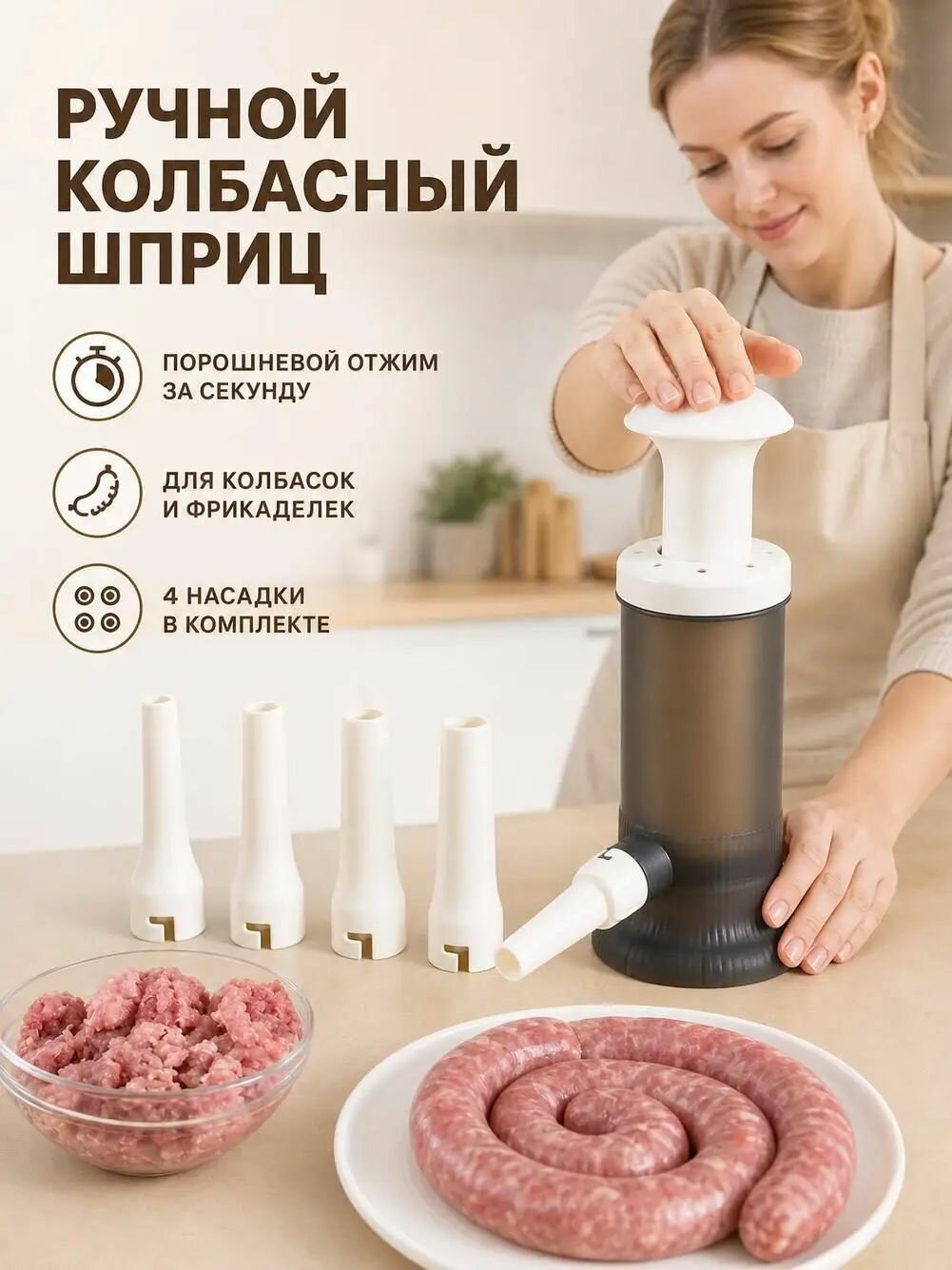 Шприц колбасный, насадок: 4 шт