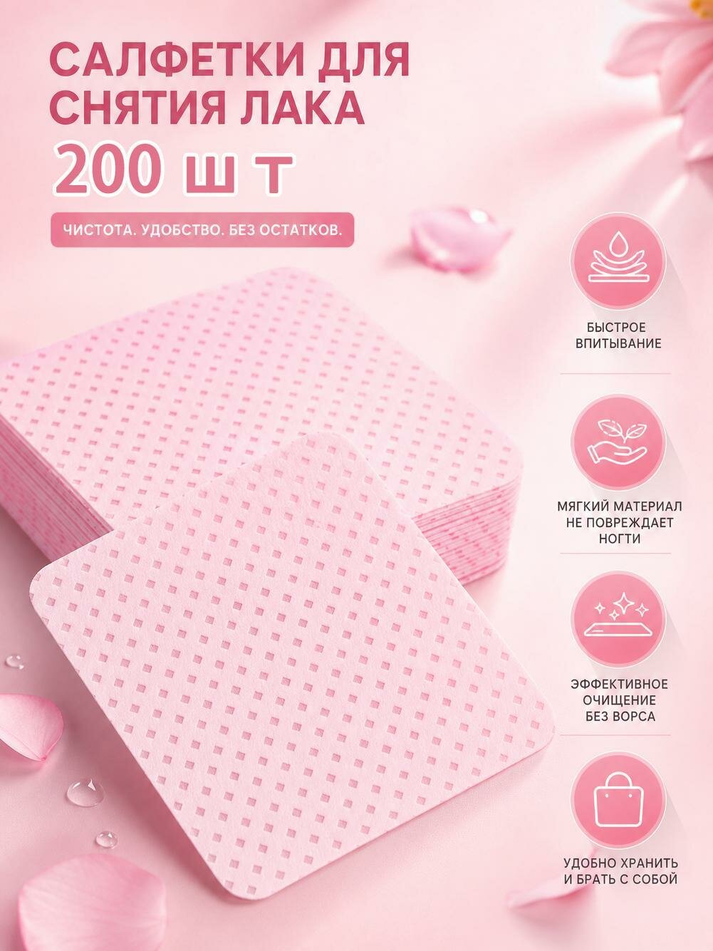 Безворсовые салфетки для маникюра и педикюра, 200 шт/ салфетки для ногтей/ снятия липкого слоя и обезжиривания