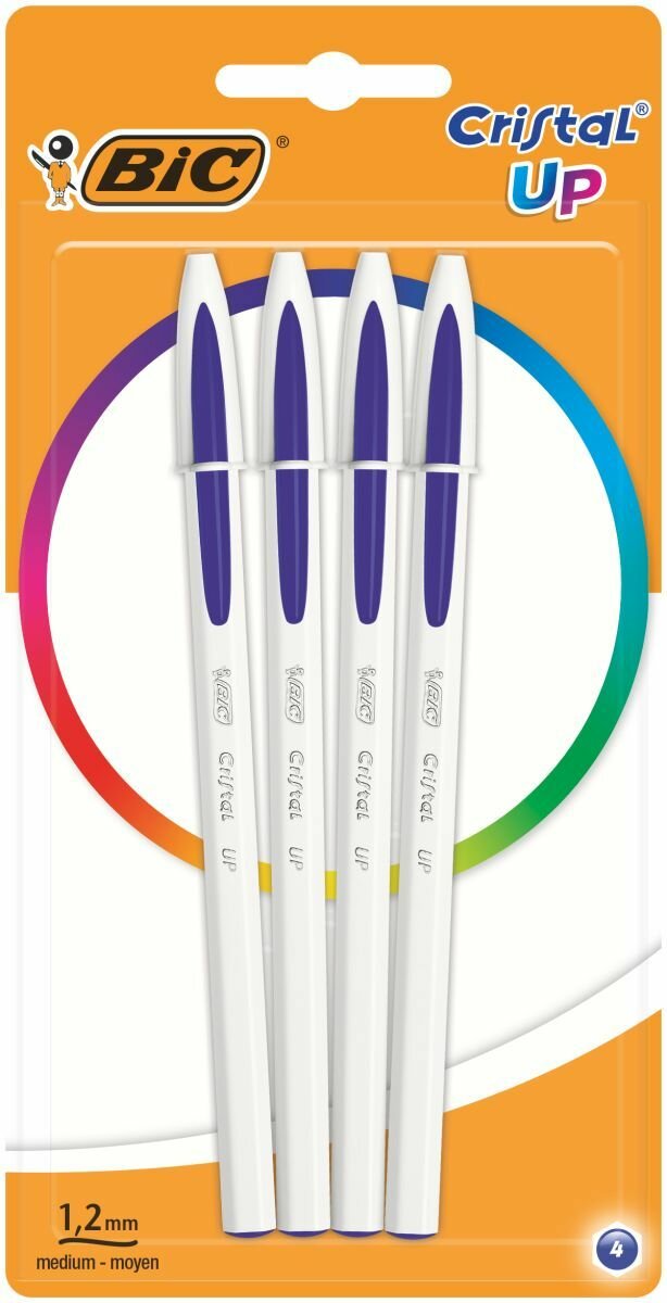 Ручка шариковая синяя BIC Cristal в модном дизайне, тонкое письмо, белый корпус, набор 4 шт.