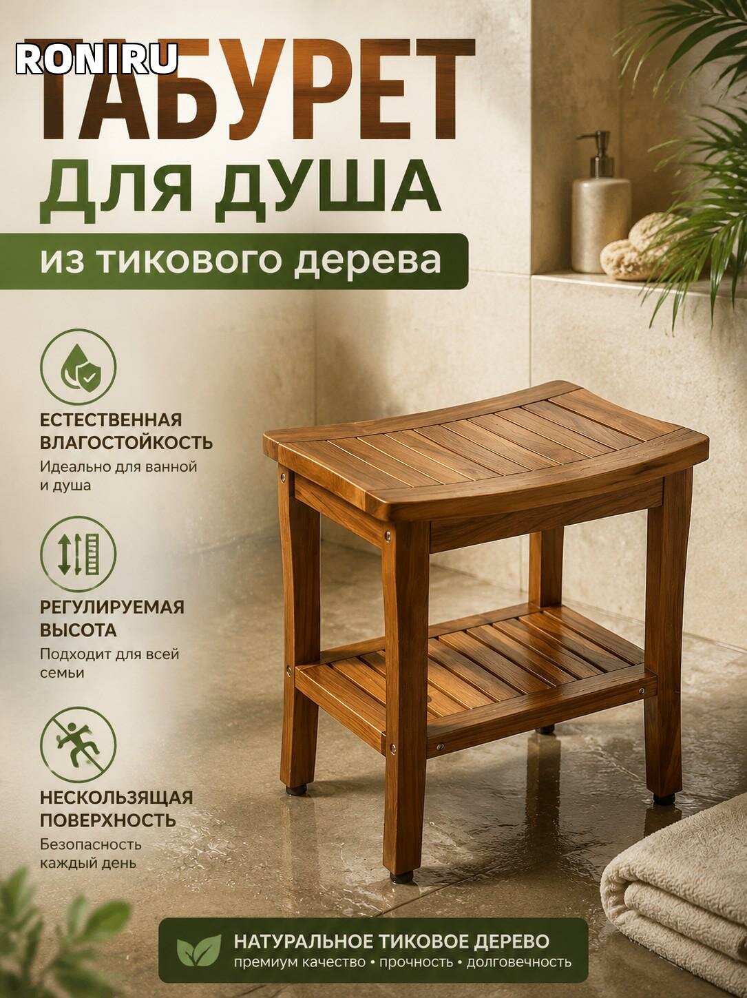 Табурет для душа из тикового дерева, регулируемый по высоте, с нескользящими накладками и водостойкой поверхностью
