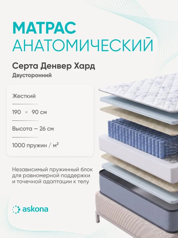 Матрас Askona / Аскона 90х190 Serta Denver Hard Ортопедический / Анатомический