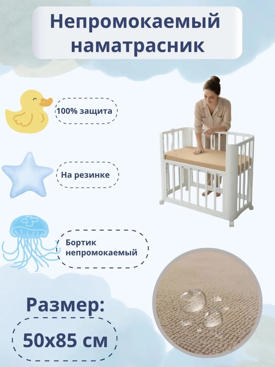 Наматрасник непромокаемый 50х85х6 см с бортами непромокаемыми на резинке Чехол защитный для матраса