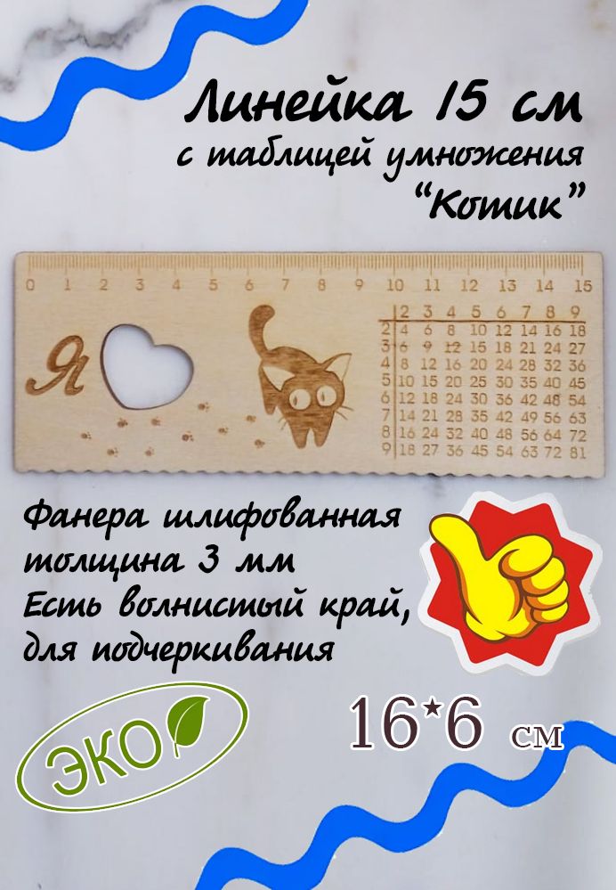 Линейка с таблицей умножения 15 см Кот