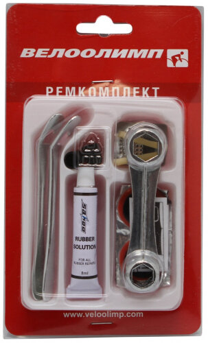 Велоаптечка Mingda ремкомплект : резиновый клей 10мл, 4 заплатки D:25мм, наждачка, 2 ниппельные трубки, 2 колпачка на ниппель, ключ-гантеля 6-15мм, 2 стальные монтировки
