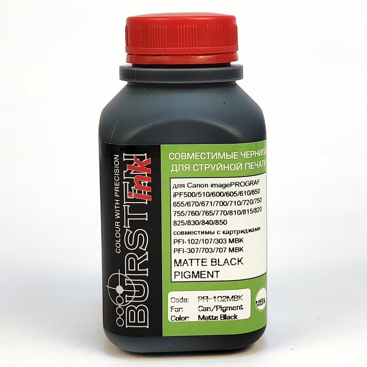 Матовые черные чернила для Canon imagePROGRAF iPF605, iPF710, iPF750, iPF760, iPF765, iPF510, iPF670, iPF770, iPF500, iPF600 (картриджи PFI-102MBK, PFI-303MBK, PFI-107MBK, PFI-104MBK, PFI-703MBK, PFI-707MBK, PFI-307MBK), Bursten matte black пигментные