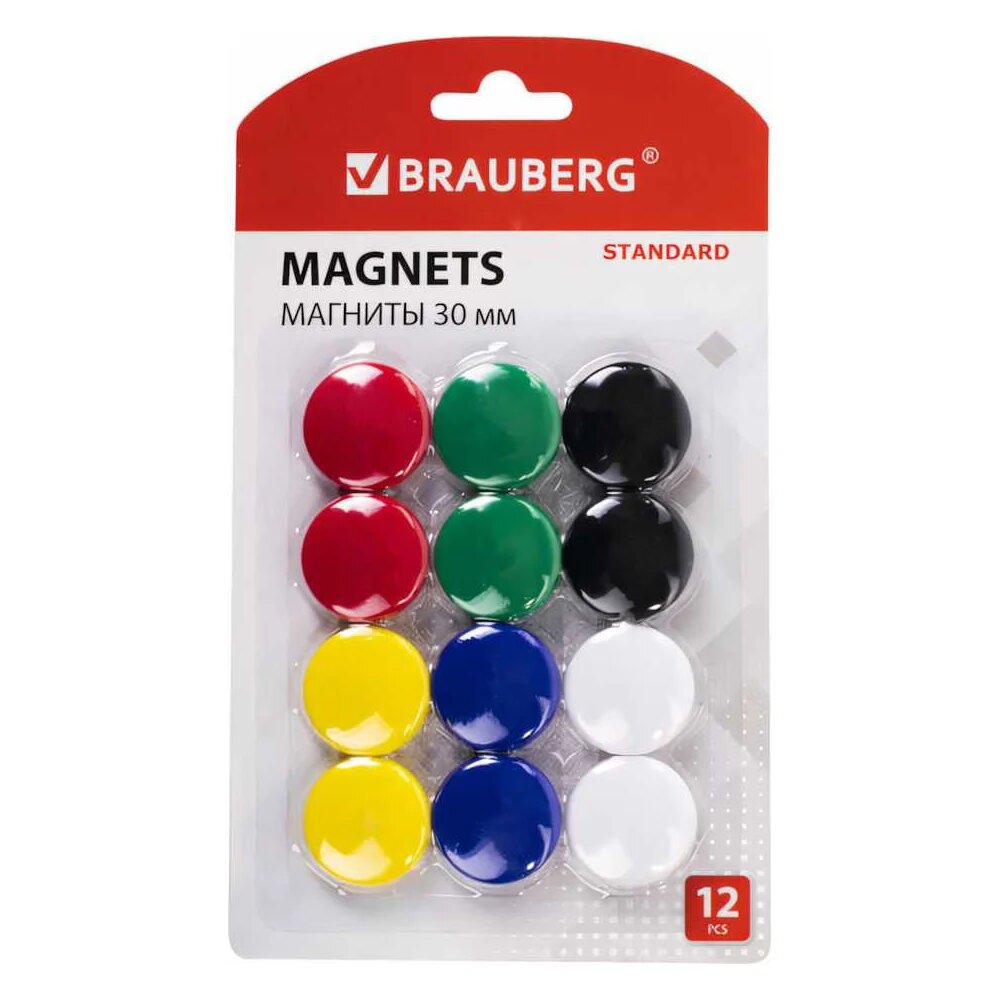 Магниты BRAUBERG STANDARD 30 мм, набор 12 шт, ассорти 237472