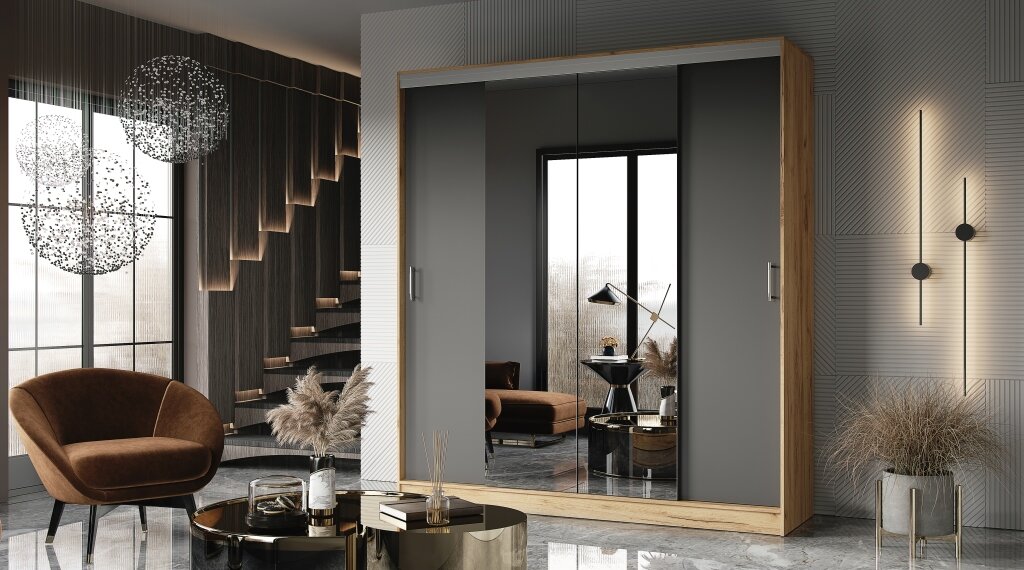 Шкаф купе Альянс 3 Дуб Крафт золотой/графит, 200х222х60 см с зеркалом